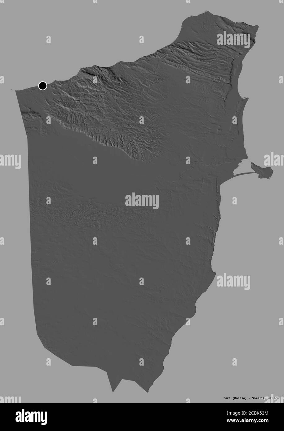 Shape of Bari, region of Somalia, with its capital isolated on a solid ...