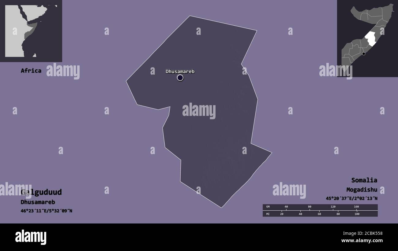 Shape of Galguduud, region of Somalia, and its capital. Distance scale ...