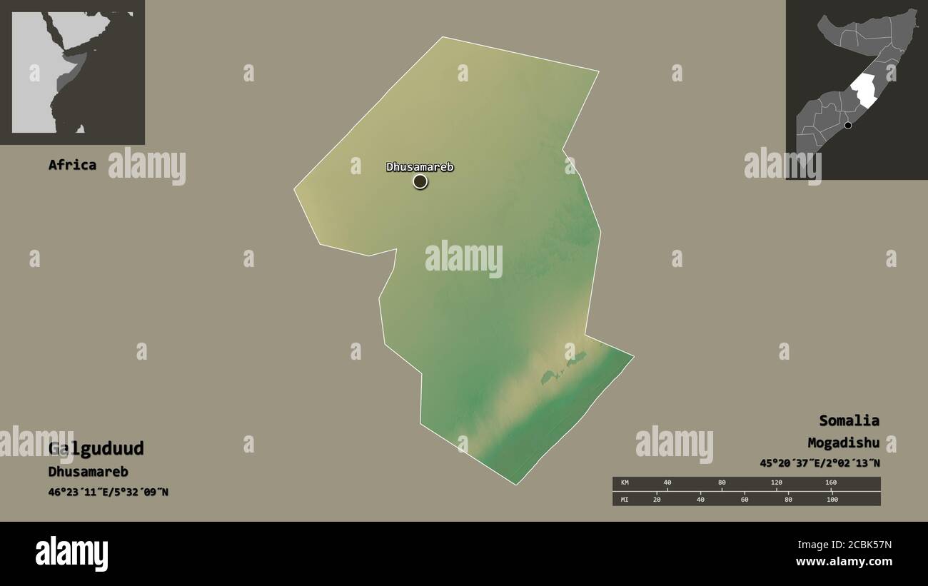 Shape of Galguduud, region of Somalia, and its capital. Distance scale ...
