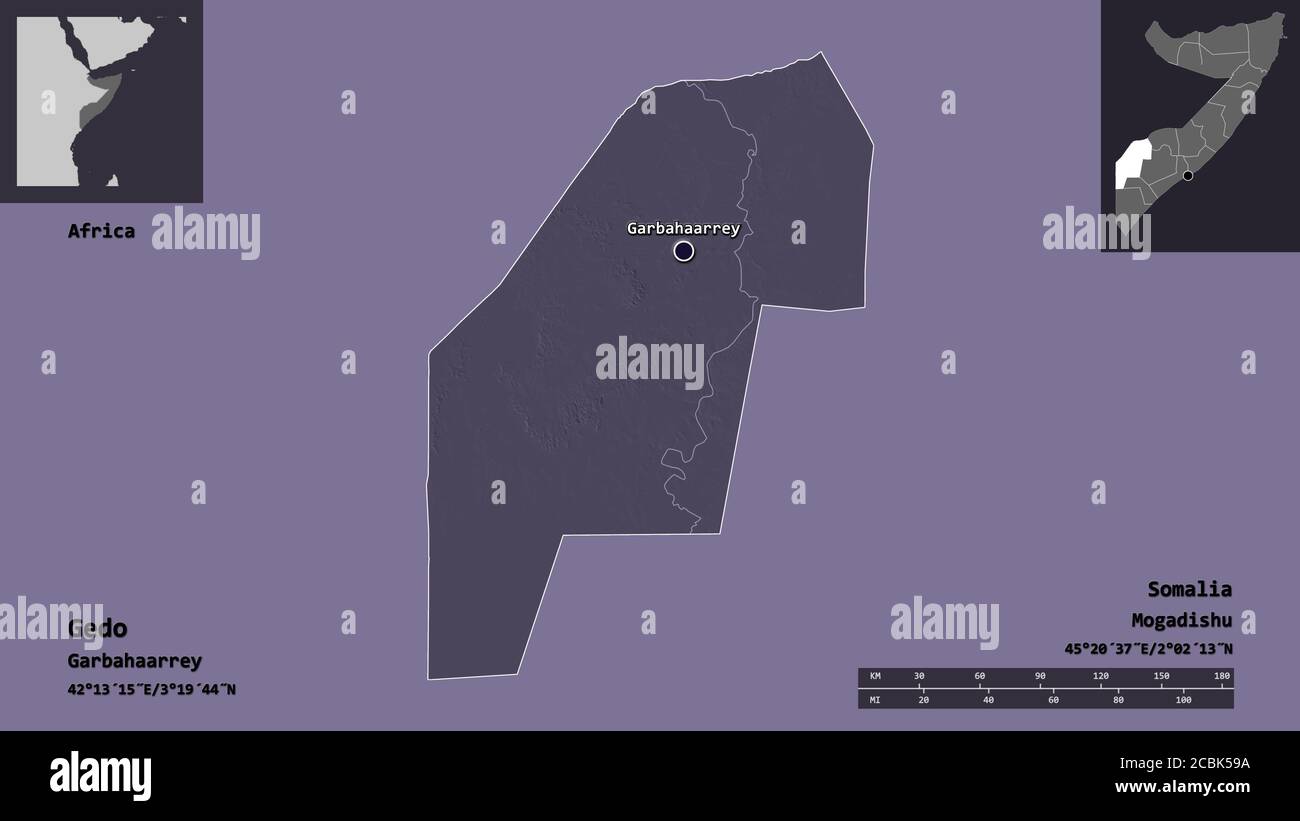 Shape of Gedo, region of Somalia, and its capital. Distance scale ...