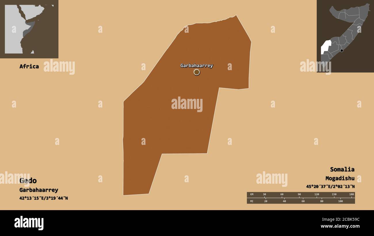 Shape of Gedo, region of Somalia, and its capital. Distance scale ...