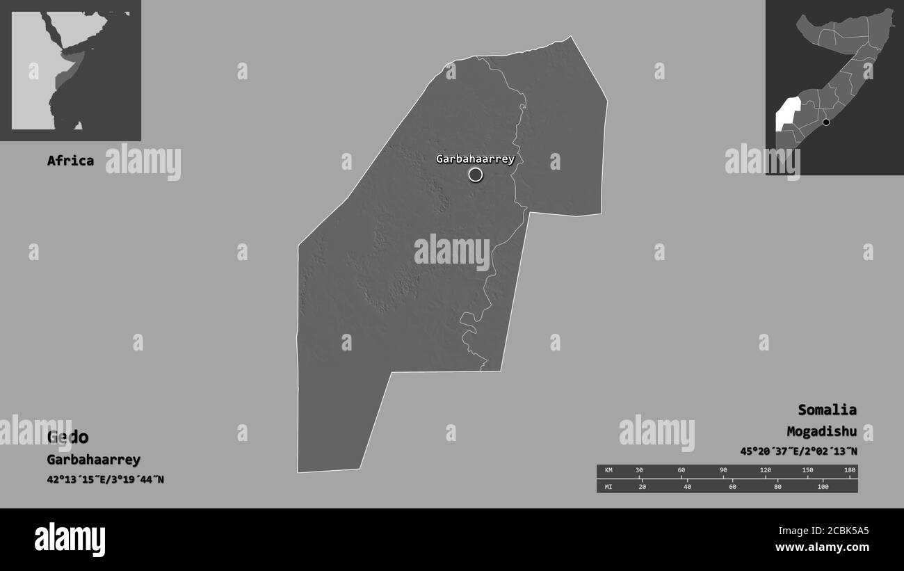 Shape of Gedo, region of Somalia, and its capital. Distance scale ...