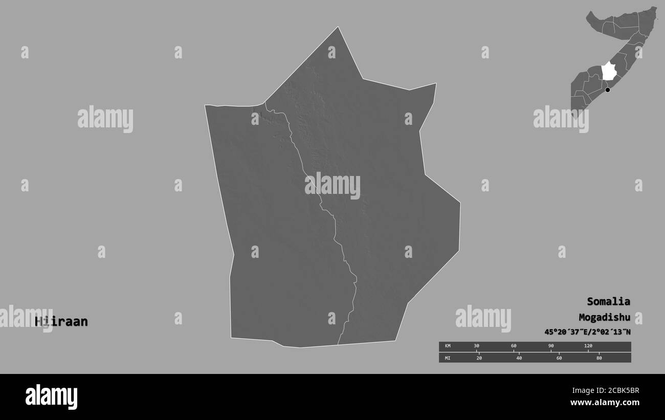 Shape of Hiiraan, region of Somalia, with its capital isolated on solid ...