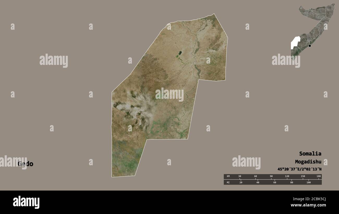 Shape of Gedo, region of Somalia, with its capital isolated on solid ...