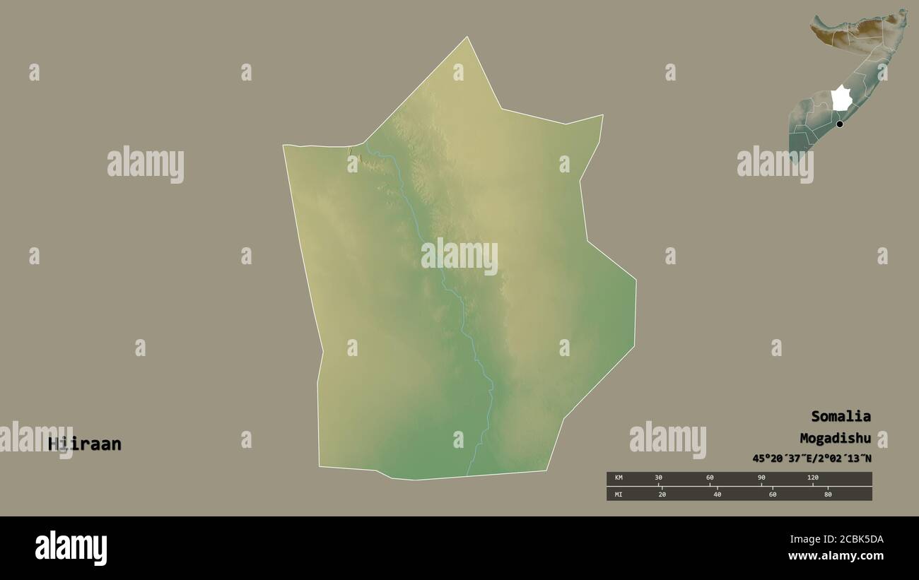 Shape of Hiiraan, region of Somalia, with its capital isolated on solid ...