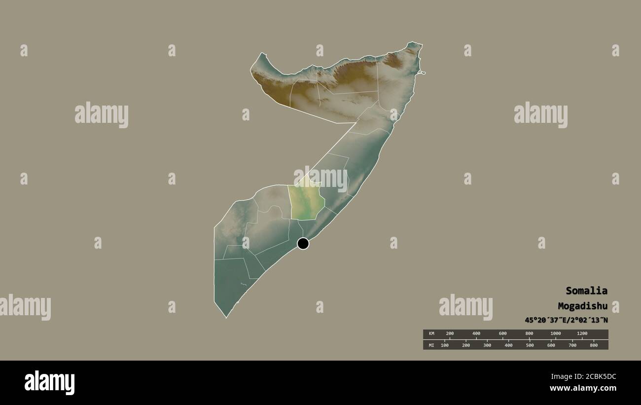 Desaturated shape of Somalia with its capital, main regional division ...