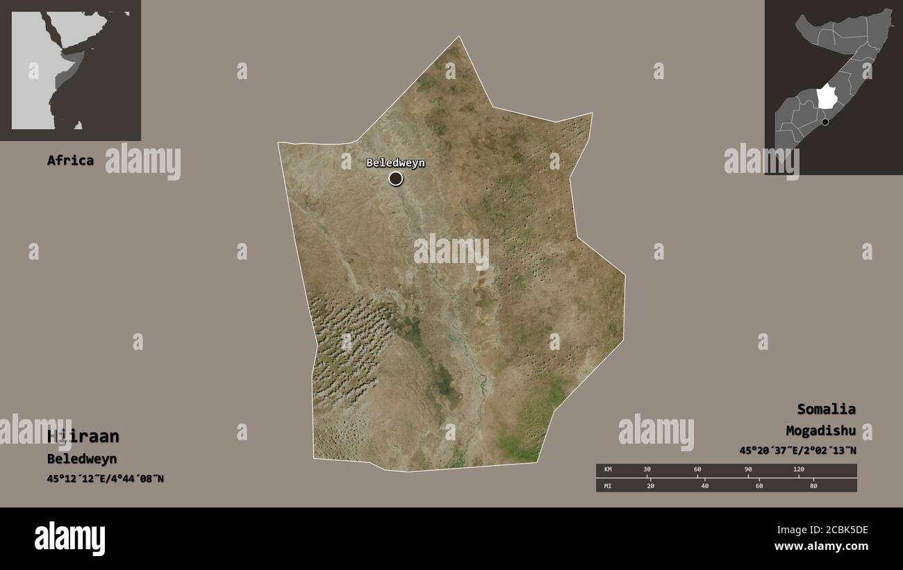 Shape of Hiiraan, region of Somalia, and its capital. Distance scale ...