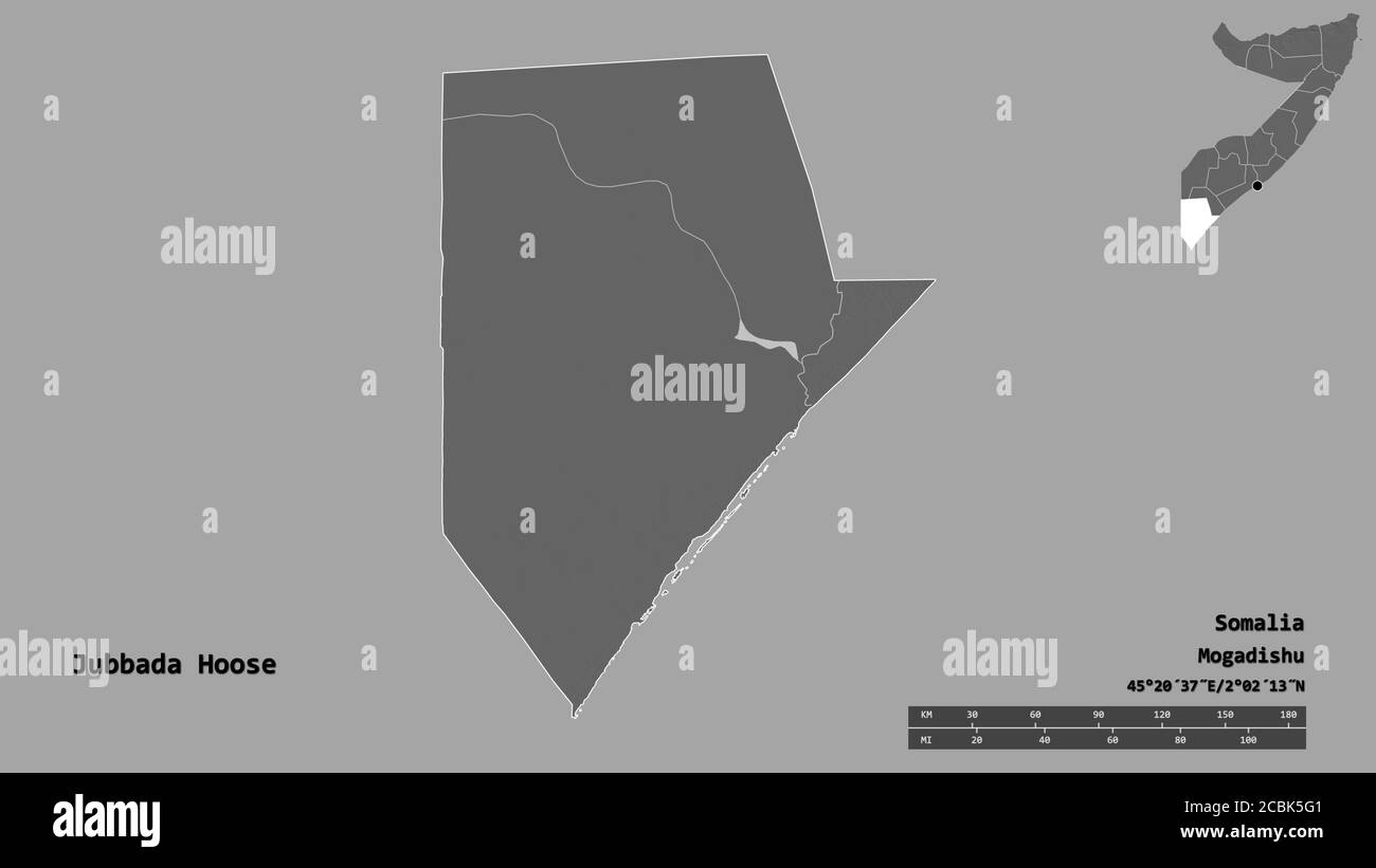 Shape of Jubbada Hoose, region of Somalia, with its capital isolated on ...