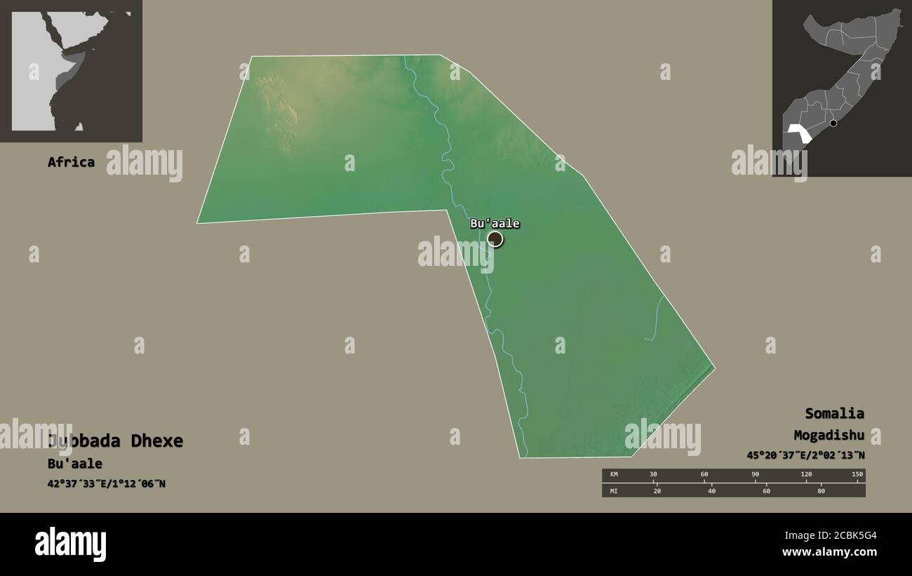 Shape of Jubbada Dhexe, region of Somalia, and its capital. Distance ...