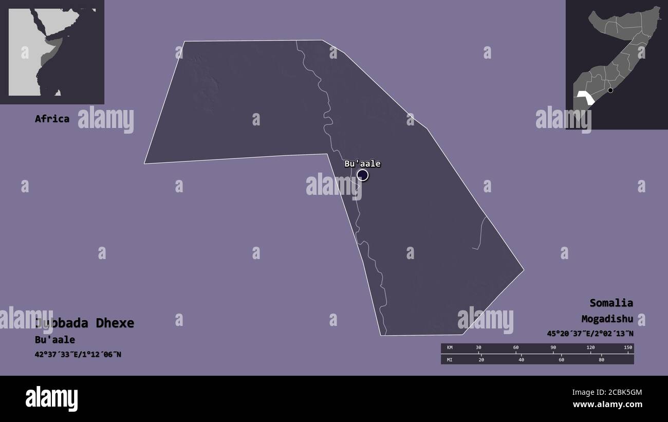 Shape of Jubbada Dhexe, region of Somalia, and its capital. Distance ...
