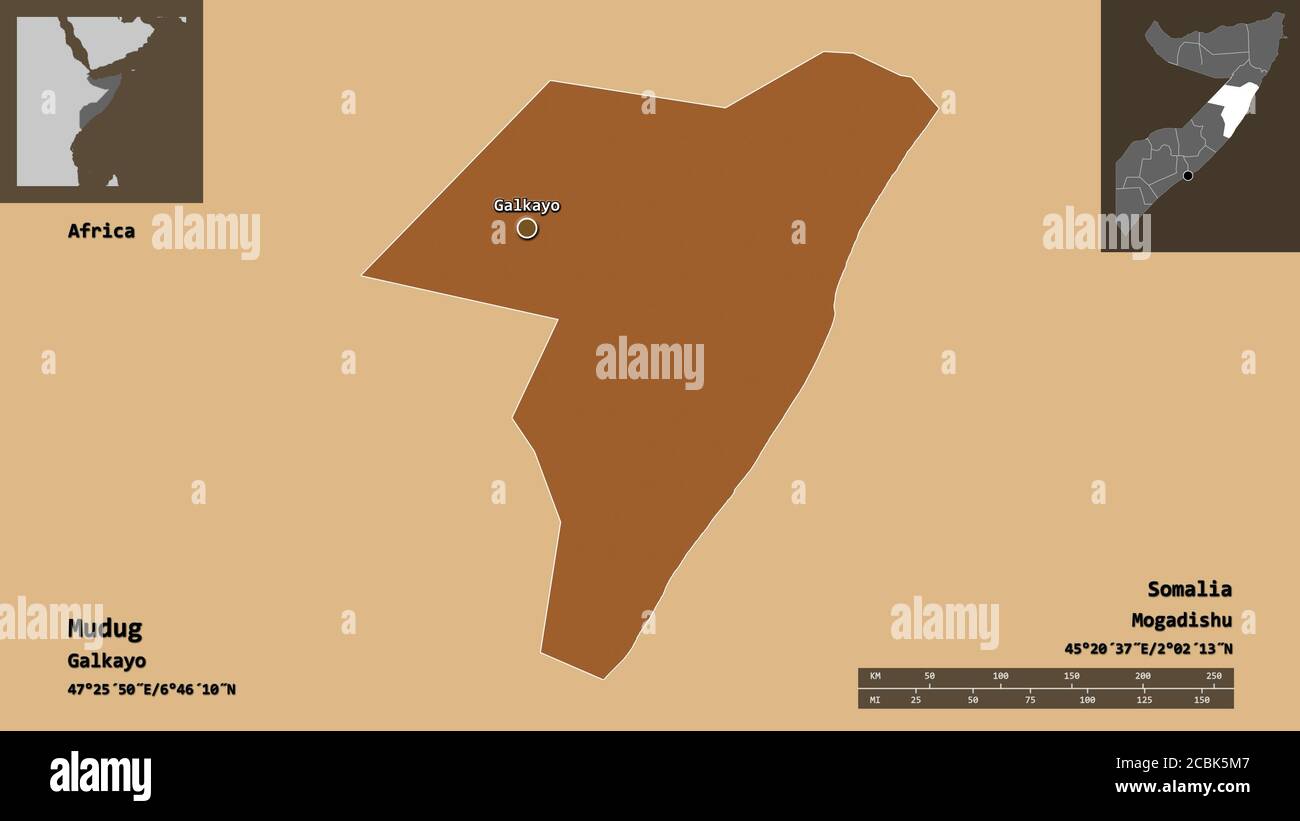 Shape of Mudug, region of Somalia, and its capital. Distance scale ...