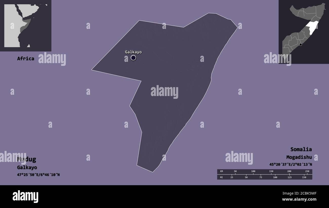 Shape of Mudug, region of Somalia, and its capital. Distance scale ...