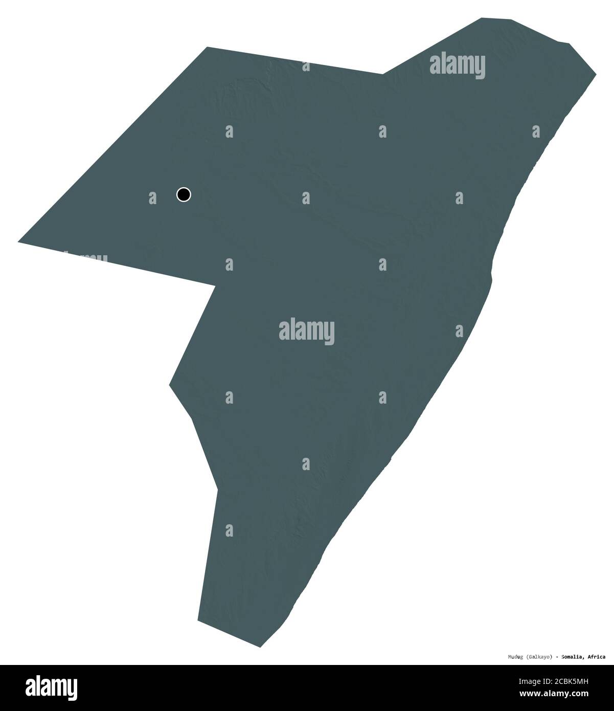 Shape of Mudug, region of Somalia, with its capital isolated on white ...