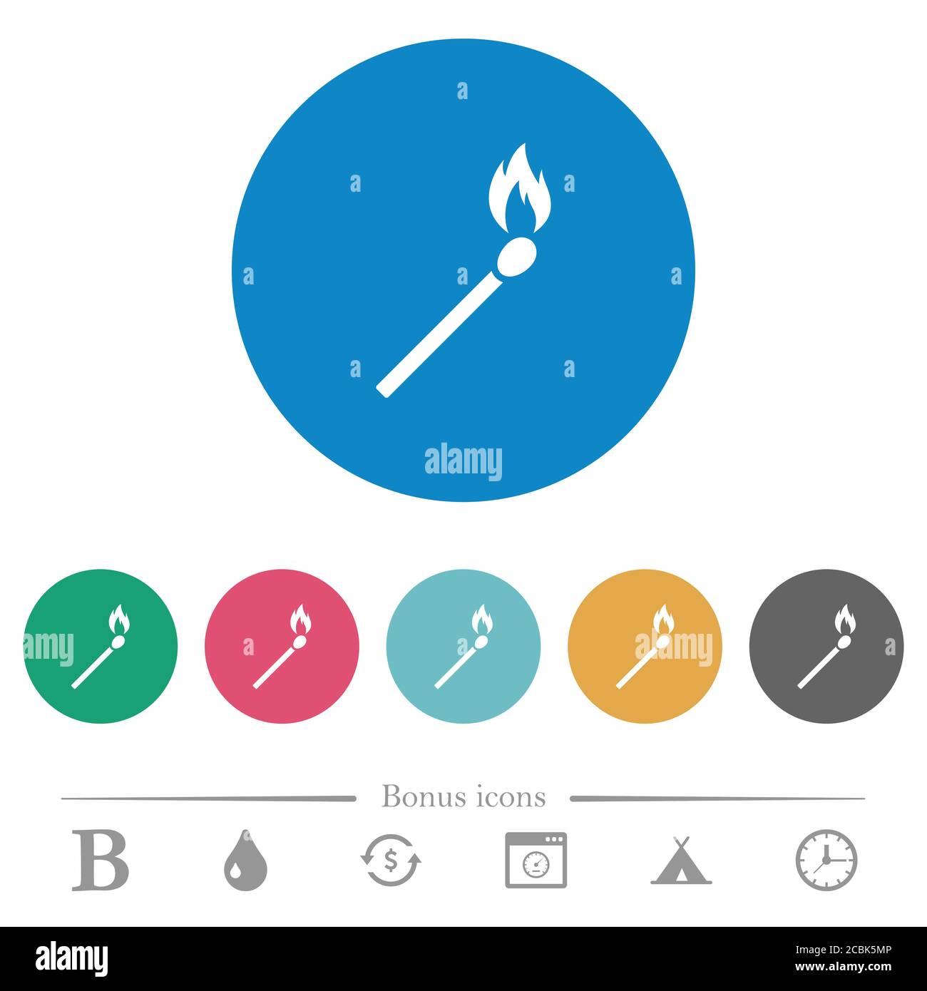Matchstick flat white icons on round color backgrounds. 6 bonus icons ...