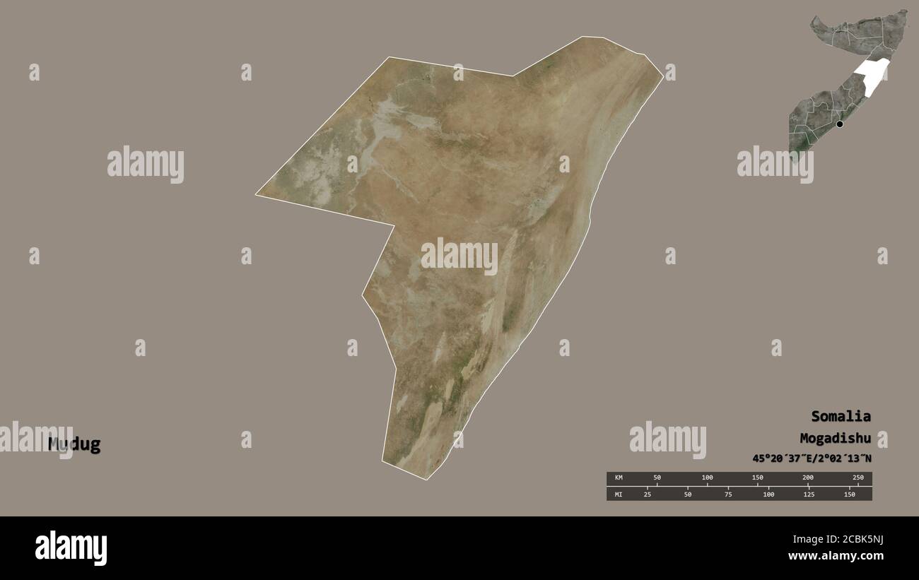 Shape of Mudug, region of Somalia, with its capital isolated on solid ...