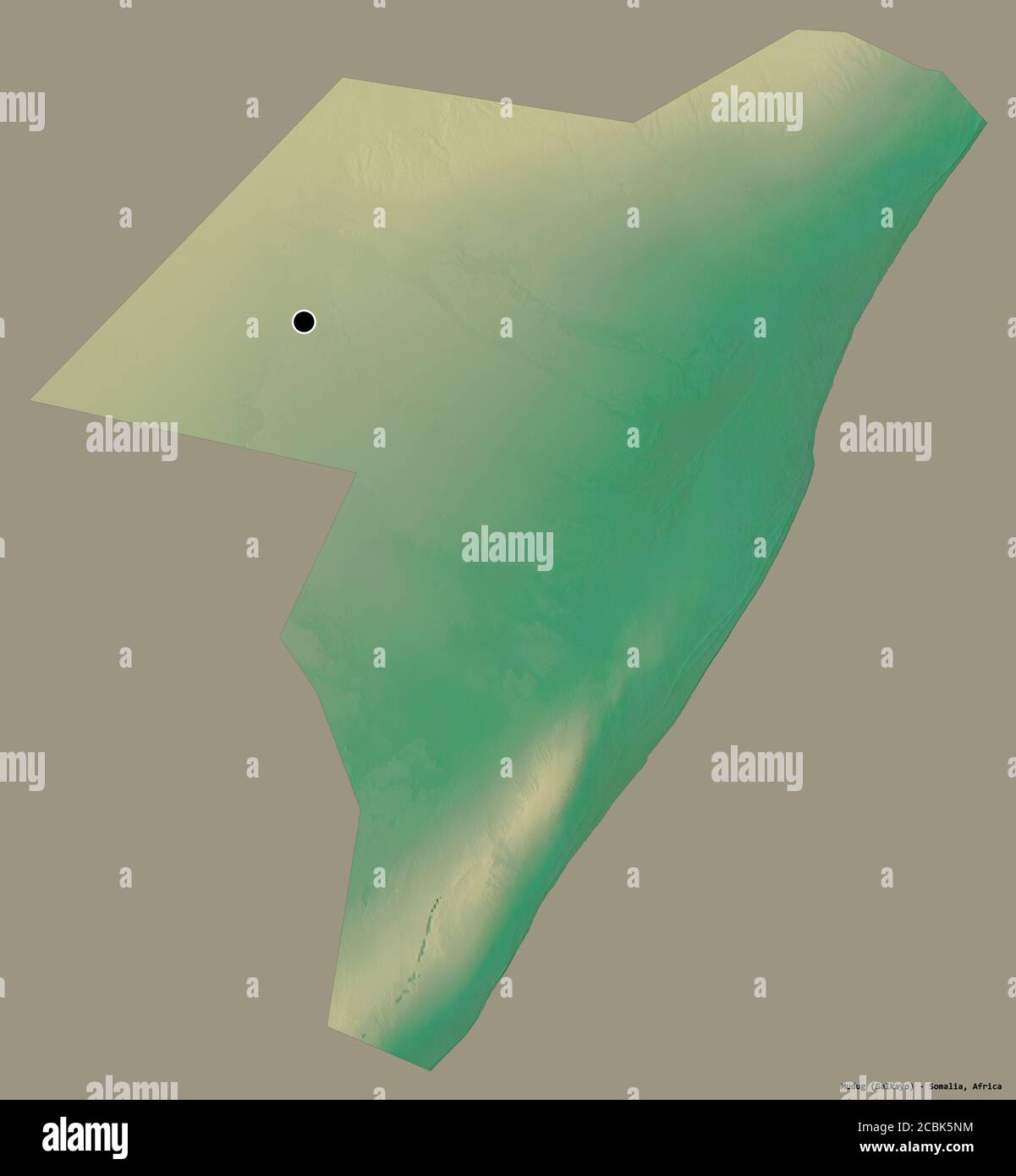 Shape of Mudug, region of Somalia, with its capital isolated on a solid ...