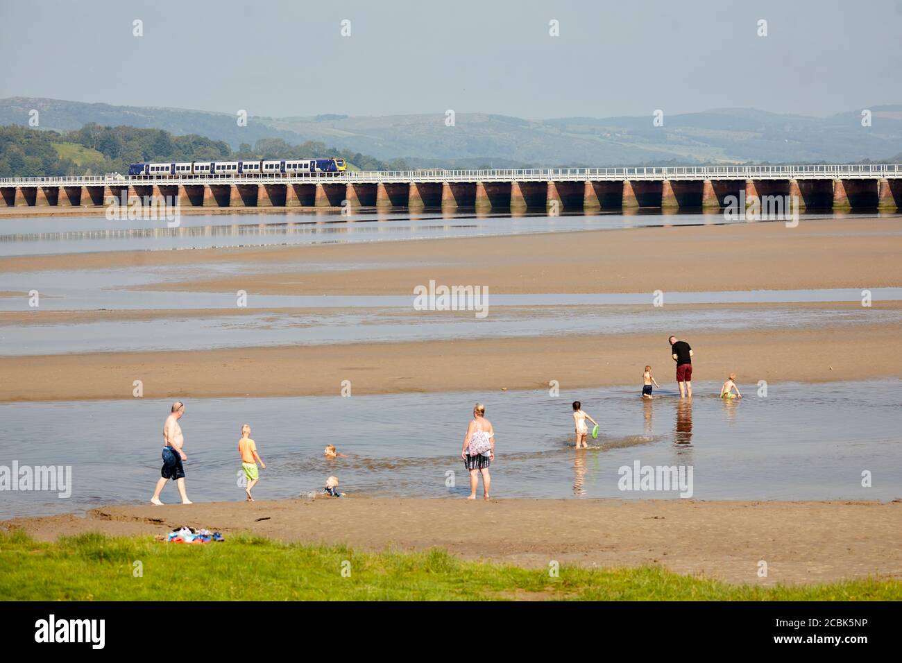 Arnside village Cumbria coastal beach Morecambe Bay, River Kent crossed ...