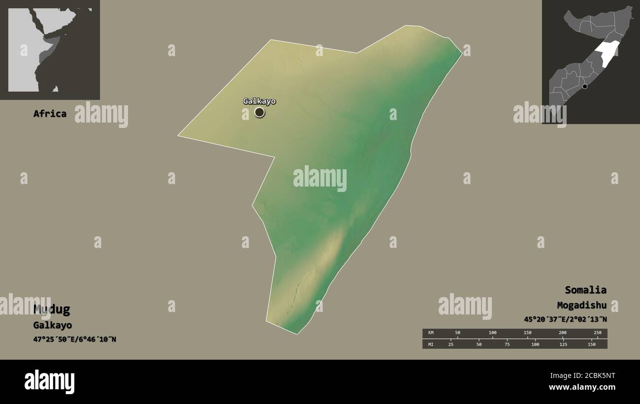 Shape of Mudug, region of Somalia, and its capital. Distance scale, previews and labels ...
