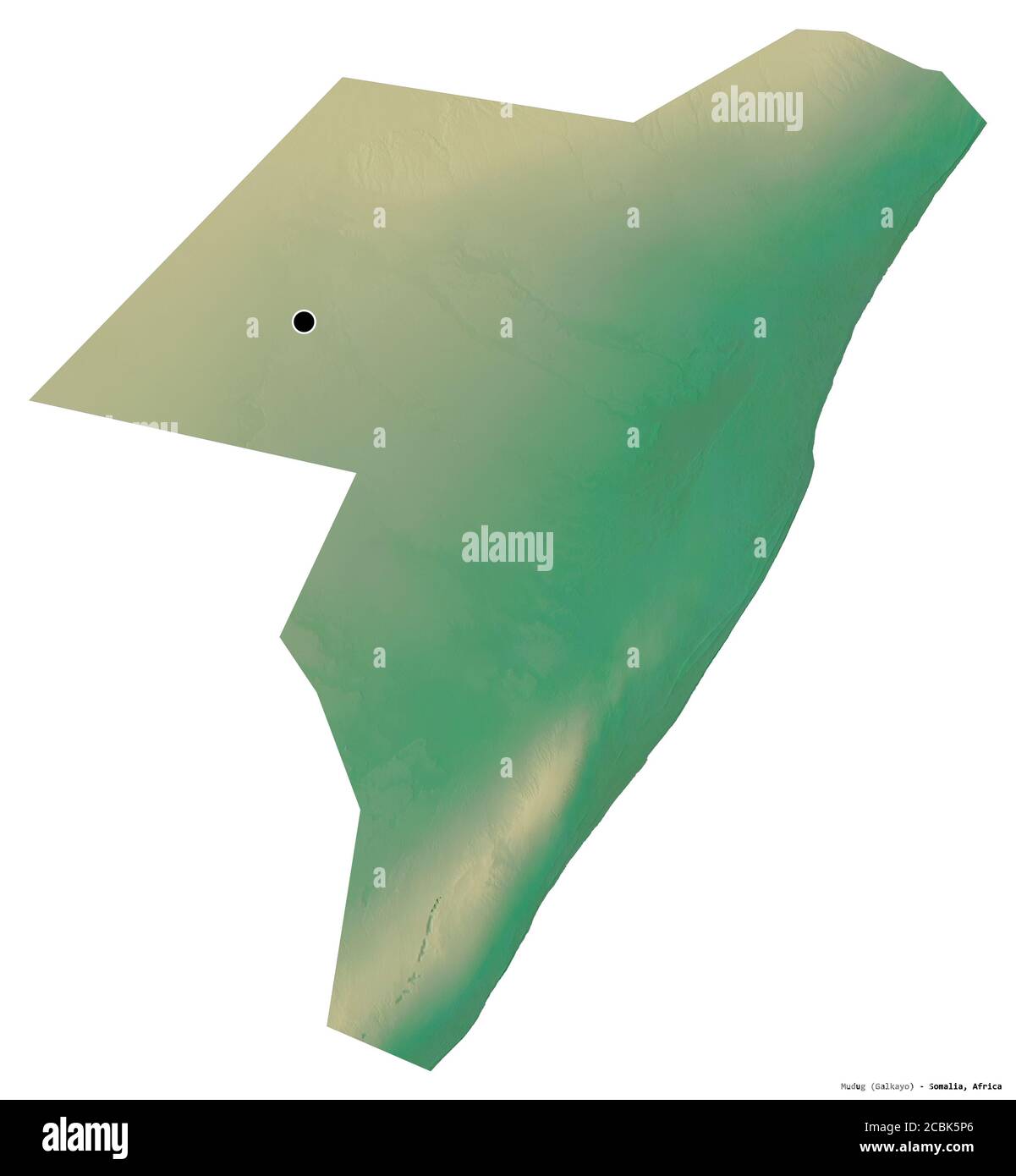 Shape of Mudug, region of Somalia, with its capital isolated on white ...