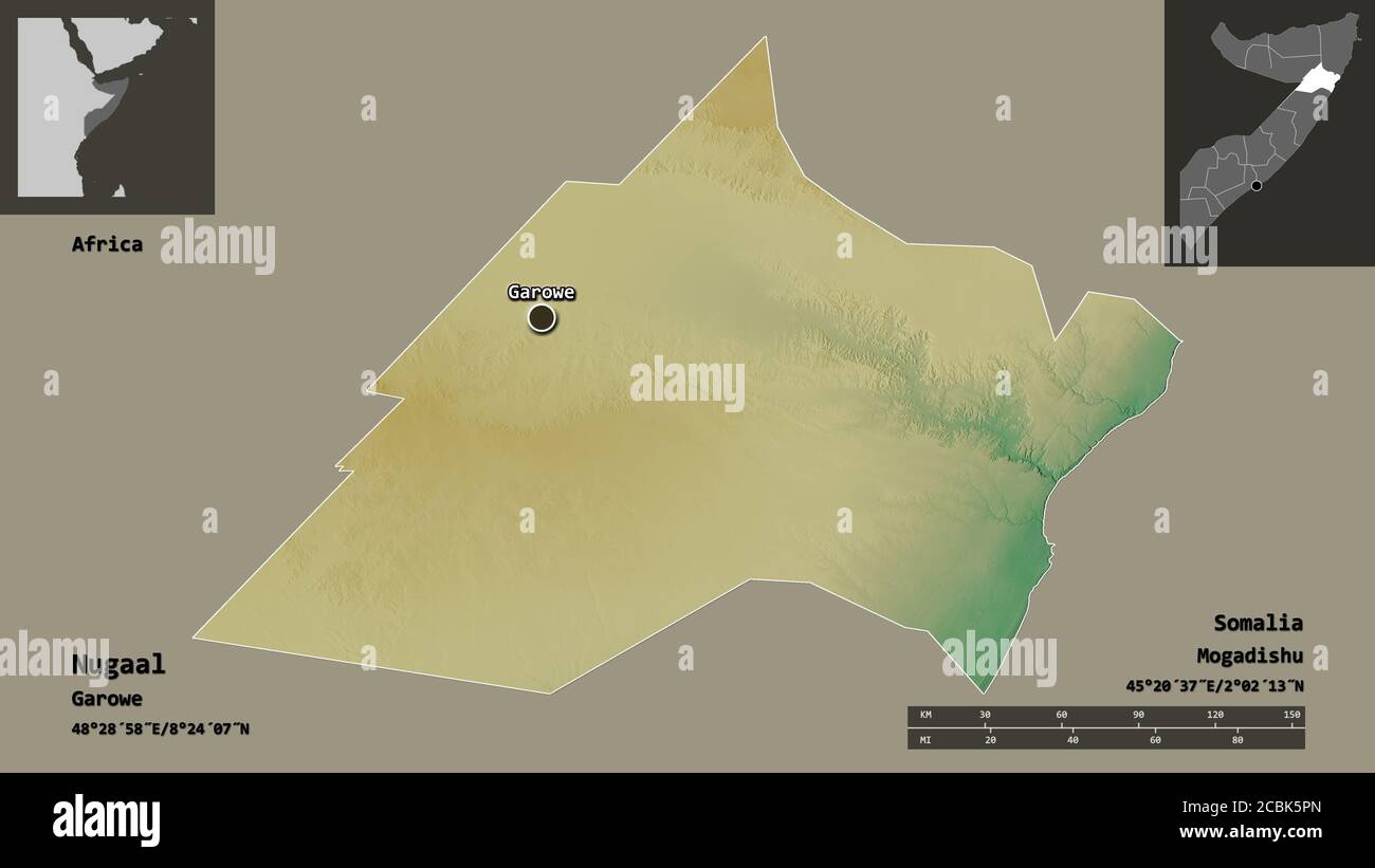 Shape of Nugaal, region of Somalia, and its capital. Distance scale ...
