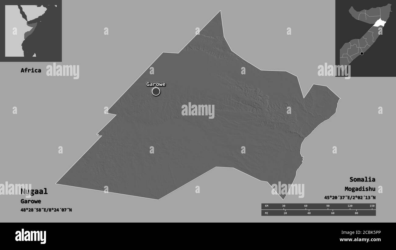 Shape of Nugaal, region of Somalia, and its capital. Distance scale ...