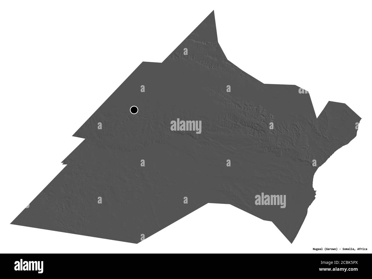 Shape of Nugaal, region of Somalia, with its capital isolated on white ...