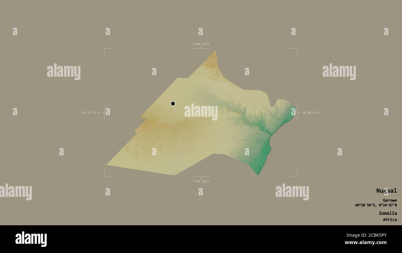 Area of Nugaal, region of Somalia, isolated on a solid background in a ...