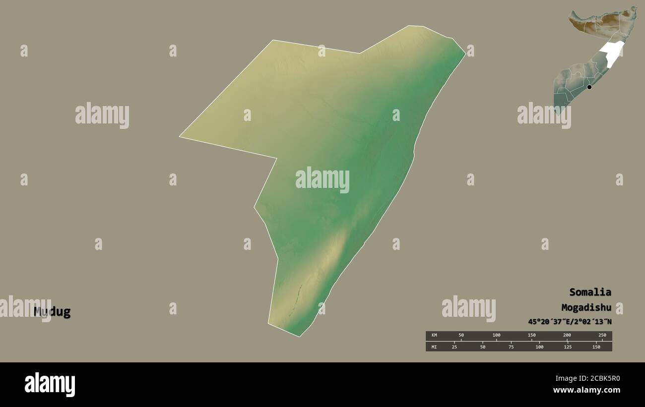Shape of Mudug, region of Somalia, with its capital isolated on solid ...