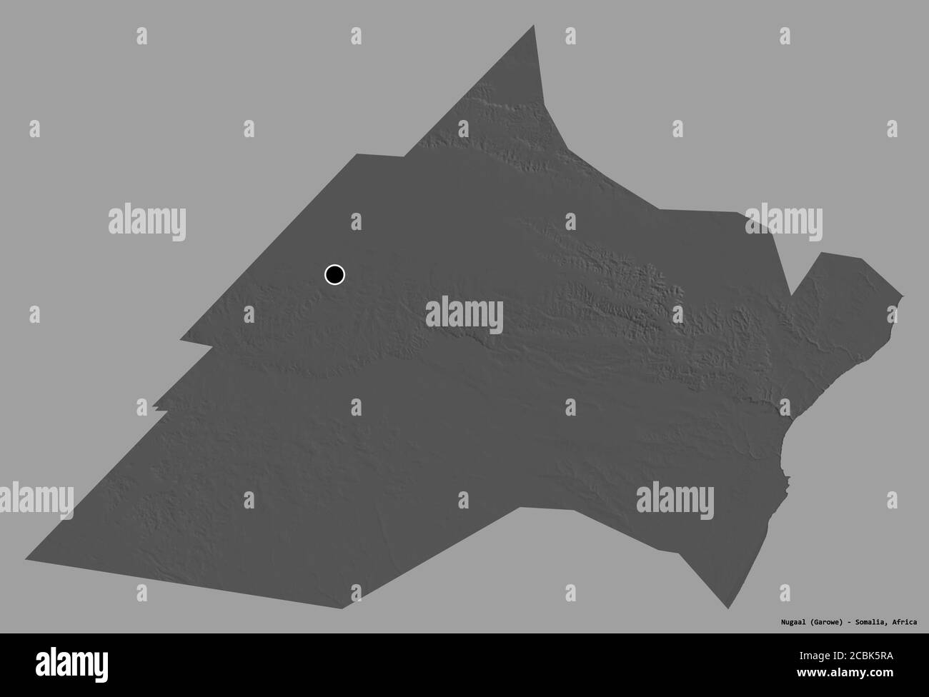 Shape of Nugaal, region of Somalia, with its capital isolated on a ...