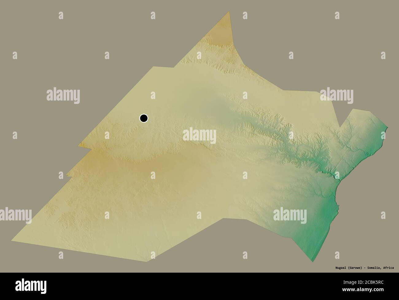 Shape of Nugaal, region of Somalia, with its capital isolated on a ...