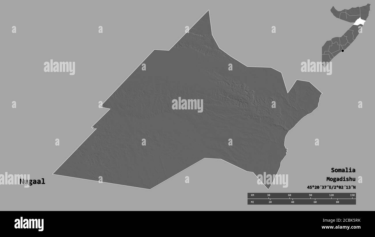 Shape of Nugaal, region of Somalia, with its capital isolated on solid ...
