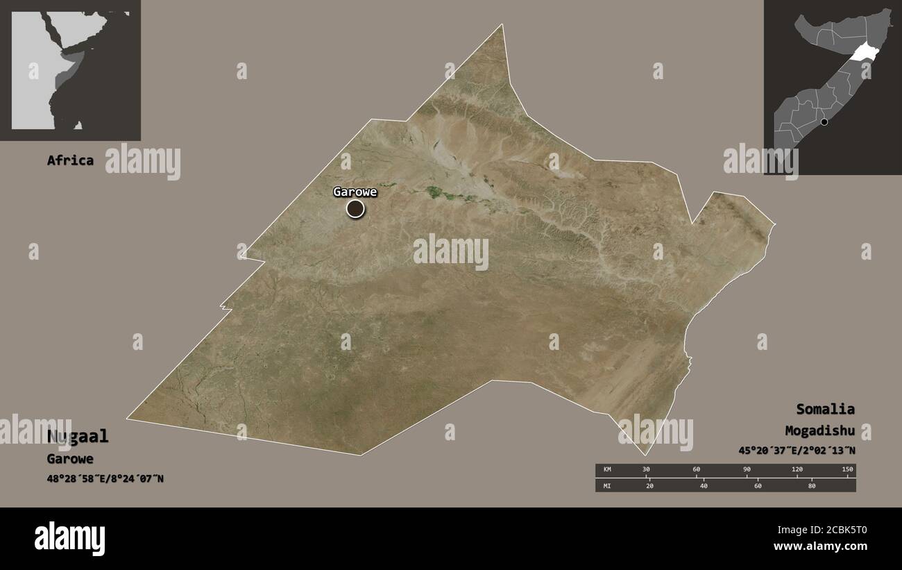 Shape of Nugaal, region of Somalia, and its capital. Distance scale ...