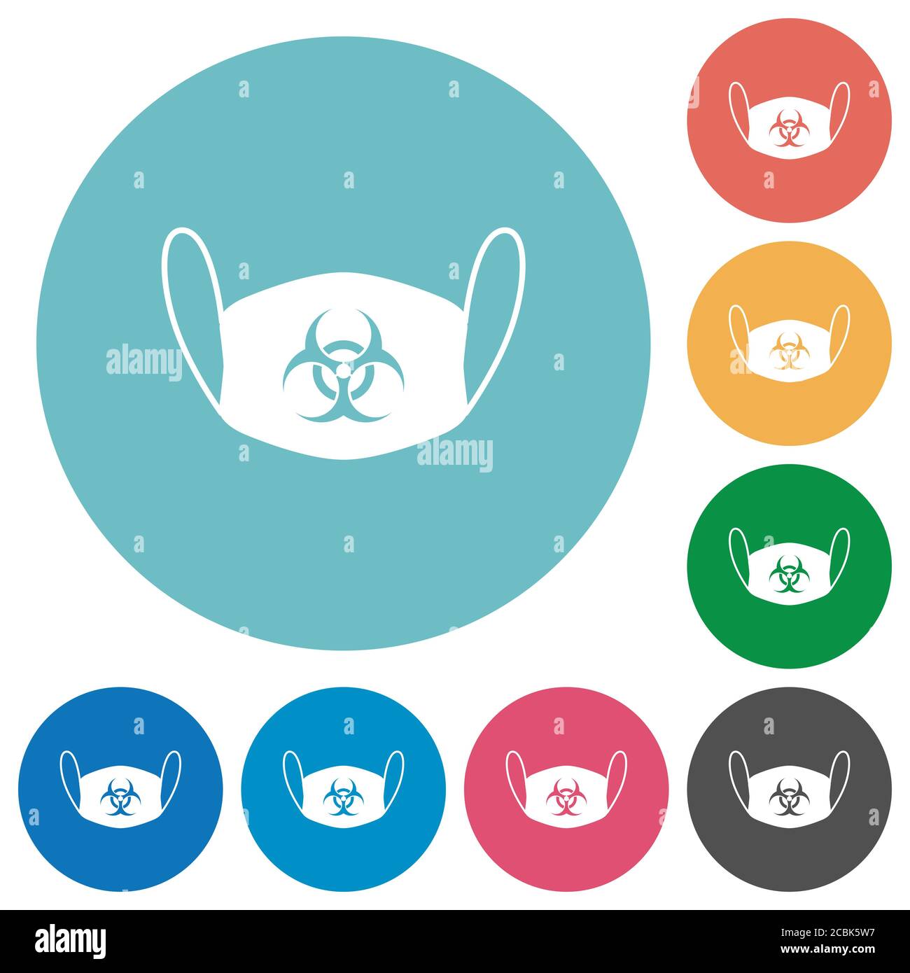 Face mask with biohazard symbol flat white icons on round color ...