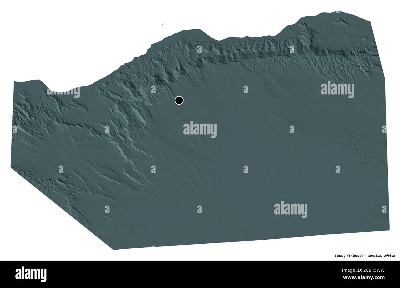 Shape of Sanaag, region of Somalia, with its capital isolated on white ...