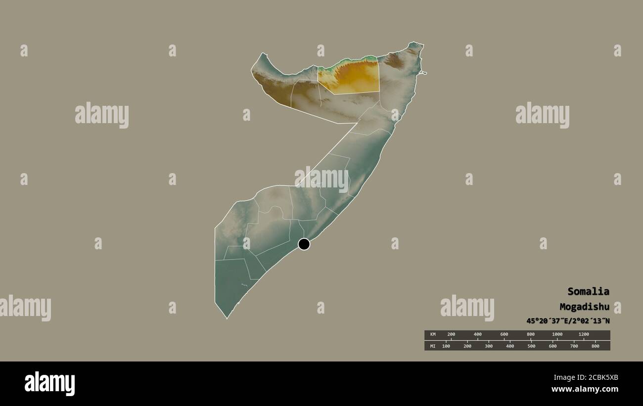 Desaturated shape of Somalia with its capital, main regional division ...