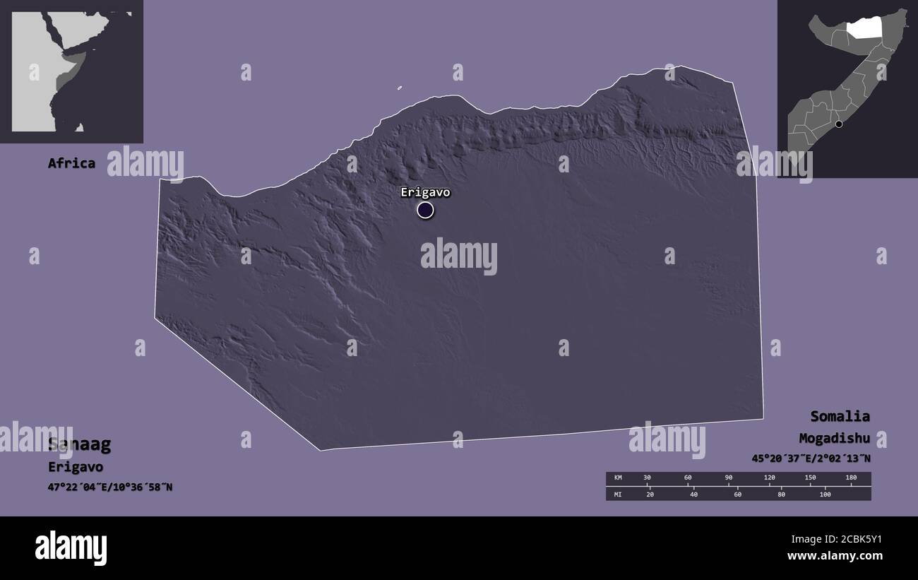 Shape of Sanaag, region of Somalia, and its capital. Distance scale ...
