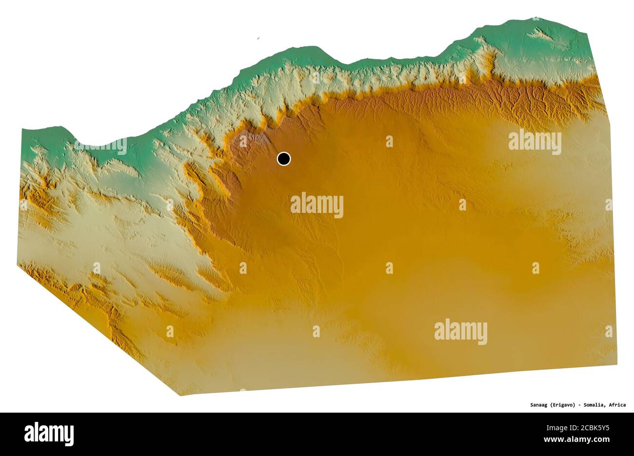 Shape of Sanaag, region of Somalia, with its capital isolated on white ...