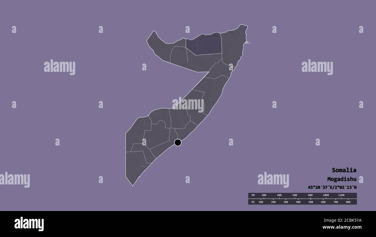 Desaturated shape of Somalia with its capital, main regional division ...