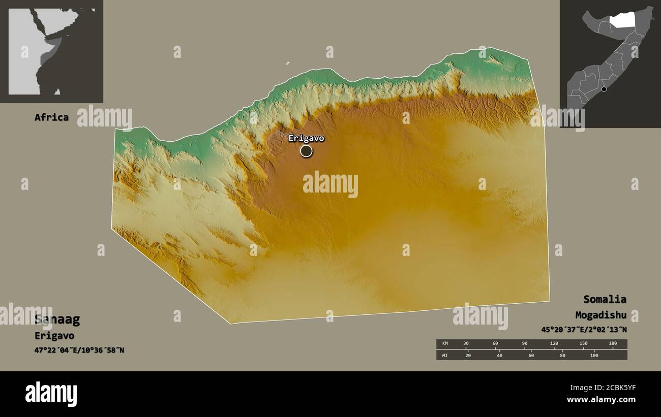 Shape of Sanaag, region of Somalia, and its capital. Distance scale ...
