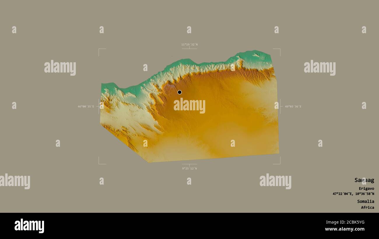 Area of Sanaag, region of Somalia, isolated on a solid background in a ...