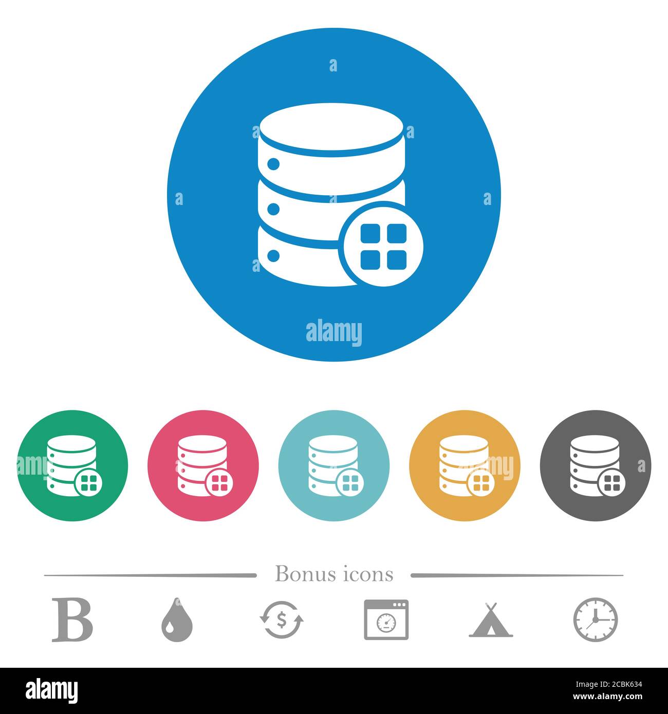 Database modules flat white icons on round color backgrounds. 6 bonus ...