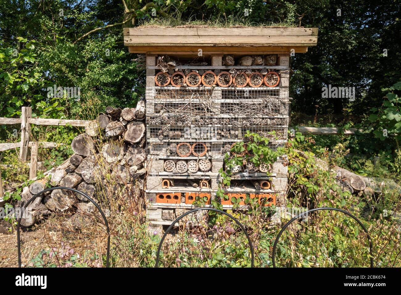 Bug hotel or house and log pile for insects and bugs Stock Photo - Alamy