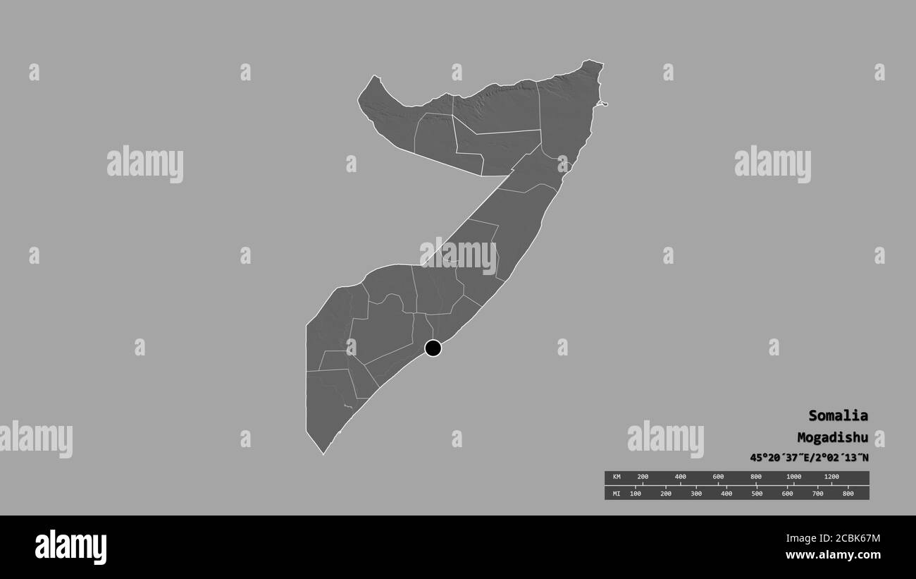 Desaturated shape of Somalia with its capital, main regional division ...