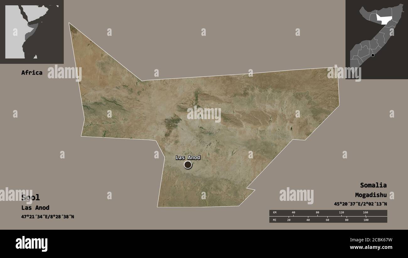 Shape of Sool, region of Somalia, and its capital. Distance scale ...