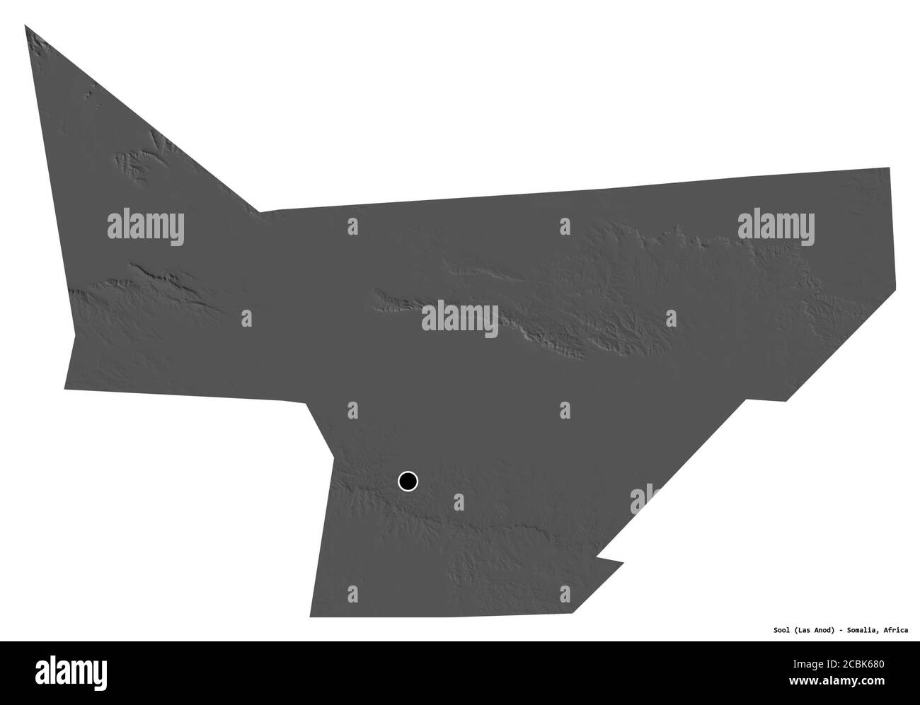 Shape of Sool, region of Somalia, with its capital isolated on white ...