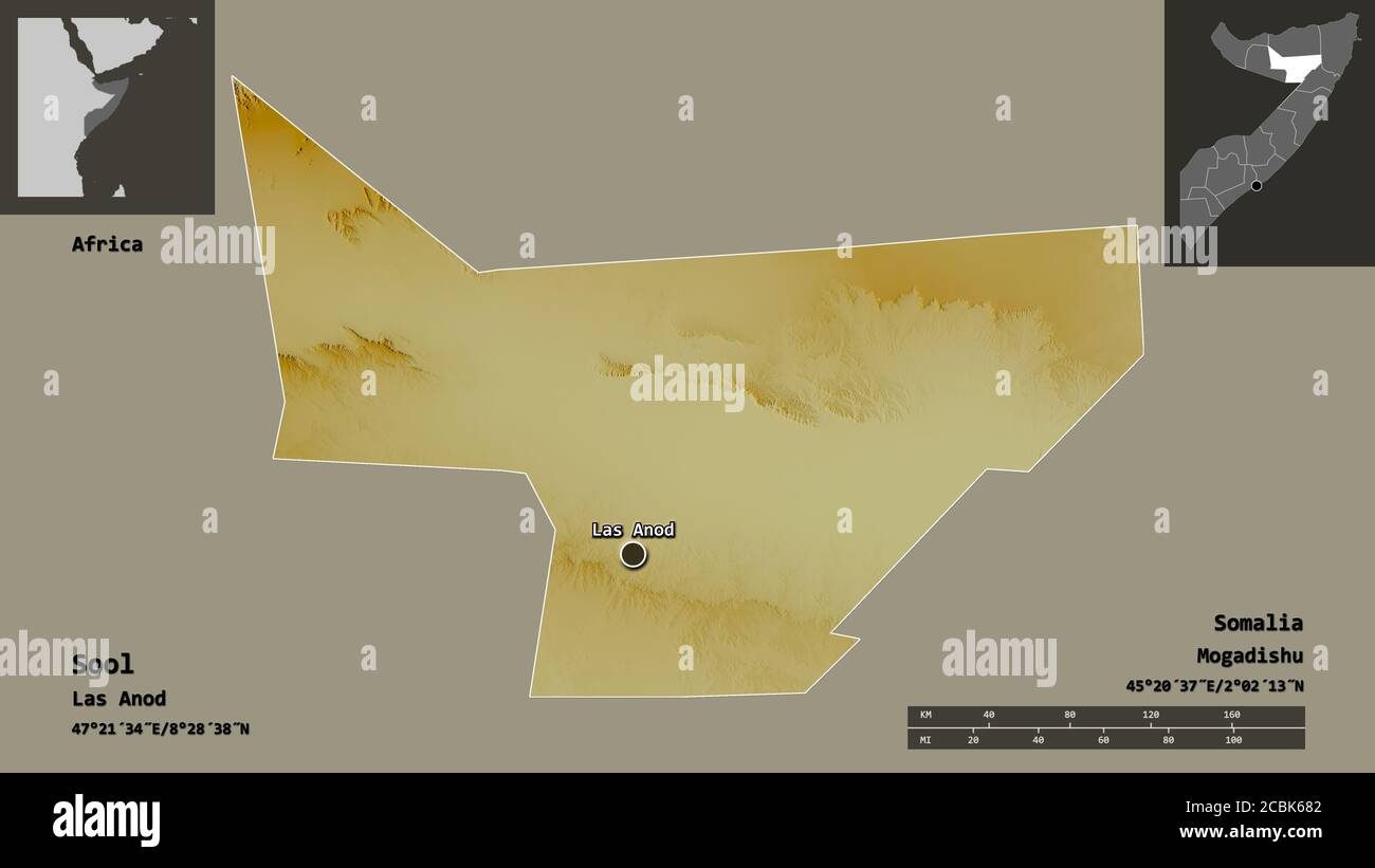 Shape of Sool, region of Somalia, and its capital. Distance scale ...
