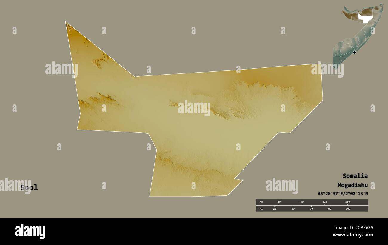 Shape of Sool, region of Somalia, with its capital isolated on solid ...
