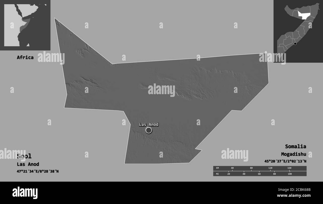 Shape of Sool, region of Somalia, and its capital. Distance scale ...