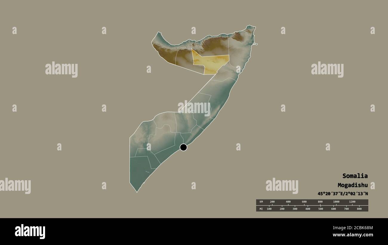 Desaturated shape of Somalia with its capital, main regional division ...