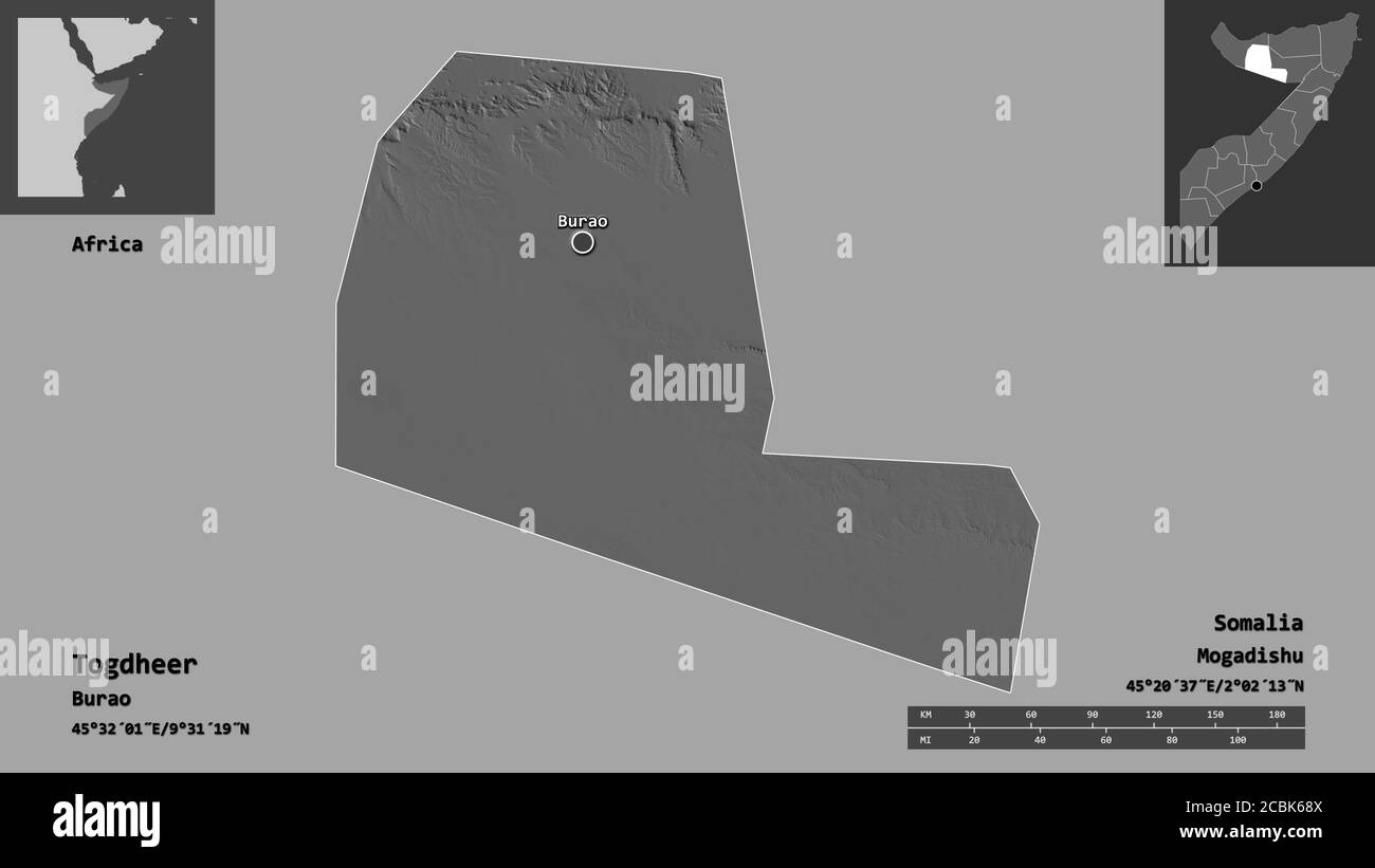 Shape of Togdheer, region of Somalia, and its capital. Distance scale ...